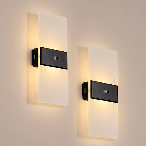 pasentel Motion Sensor LED Wall Sconces, 2-Pack Acrylic USB Rechargeable Wall Light Battery Operated Night Light Indoor Led Wireless Wall Lamp for Stairs, Hallway, Bathroom, Bedroom, BD025-LEB-BK2