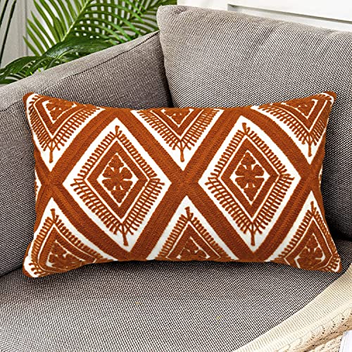 Alysheer Embroidered Lumbar Decorative Throw Pillow Cover 12"x 20", Classic Boho Geometric Embroidery Pattern Cotton Rectangular Cushion Case for Sofa Couch Living Room Bedroom(Burnt Orange)