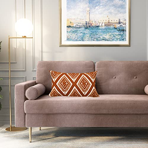Alysheer Embroidered Lumbar Decorative Throw Pillow Cover 12"x 20", Classic Boho Geometric Embroidery Pattern Cotton Rectangular Cushion Case for Sofa Couch Living Room Bedroom(Burnt Orange)