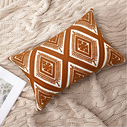 Alysheer Embroidered Lumbar Decorative Throw Pillow Cover 12"x 20", Classic Boho Geometric Embroidery Pattern Cotton Rectangular Cushion Case for Sofa Couch Living Room Bedroom(Burnt Orange)