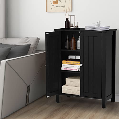 COSTWAY Bathroom Floor Cabinet - Freestanding Side Storage Organizer with Double Doors & Adjustable Shelf, Wooden Storage Cabinet for Living Room, Bedroom, Kitchen, Entryway (Black)