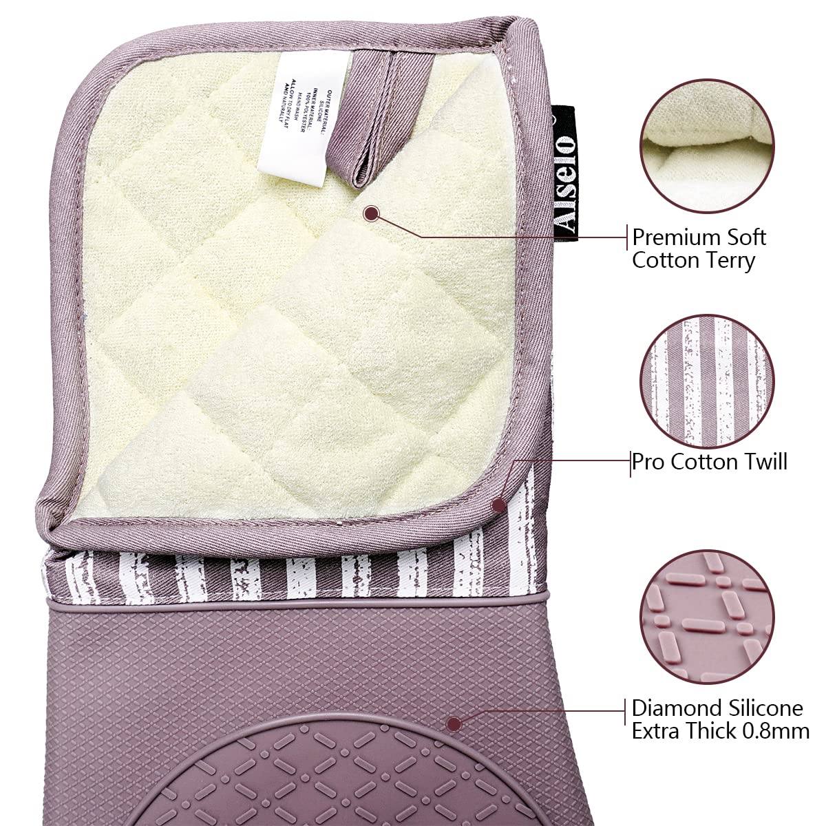 Alselo Silicone Oven Mitts Heat Resistant 932℉ with Waterproof & Non-Slip Kitchen Mittens, Set of 2 Extra Long Oven Gloves with Soft Cotton Terry Lining for Baking Cooking Barbecue(2, Purple Mitts)