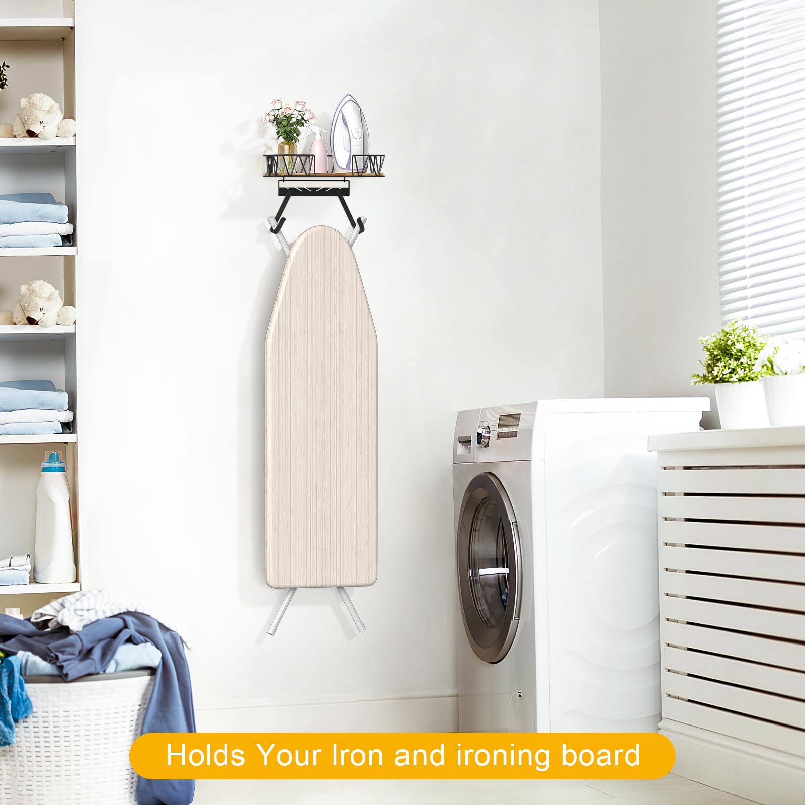 Tohomes Ironing Board Hanger Wall Mount, T& V Iron and Ironing Board Holder for Laundry Room, Iron Board Wall Mount with Large Storage Wooden Base Basket and Removable Hooks