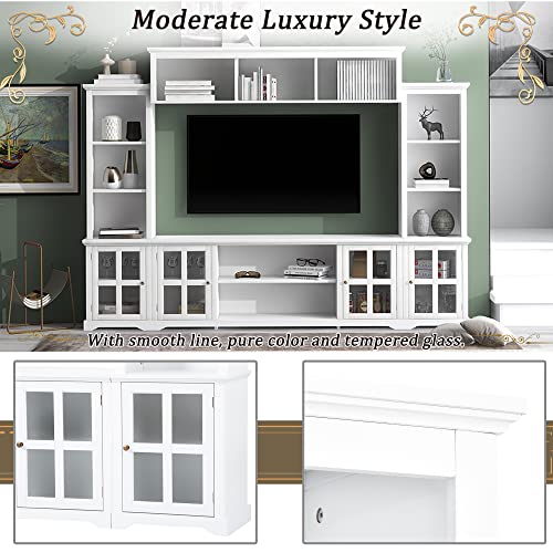 ZSQ TV Entertainment Wall Unit with Bridge, Modern TV Console Table for TVs Up to 70”, Multifunctional TV Stand with Tempered Glass Door (White)