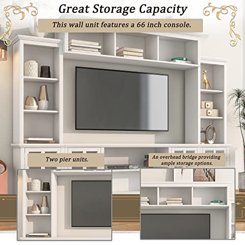 ZSQ TV Entertainment Wall Unit with Bridge, Modern TV Console Table for TVs Up to 70”, Multifunctional TV Stand with Tempered Glass Door (White)
