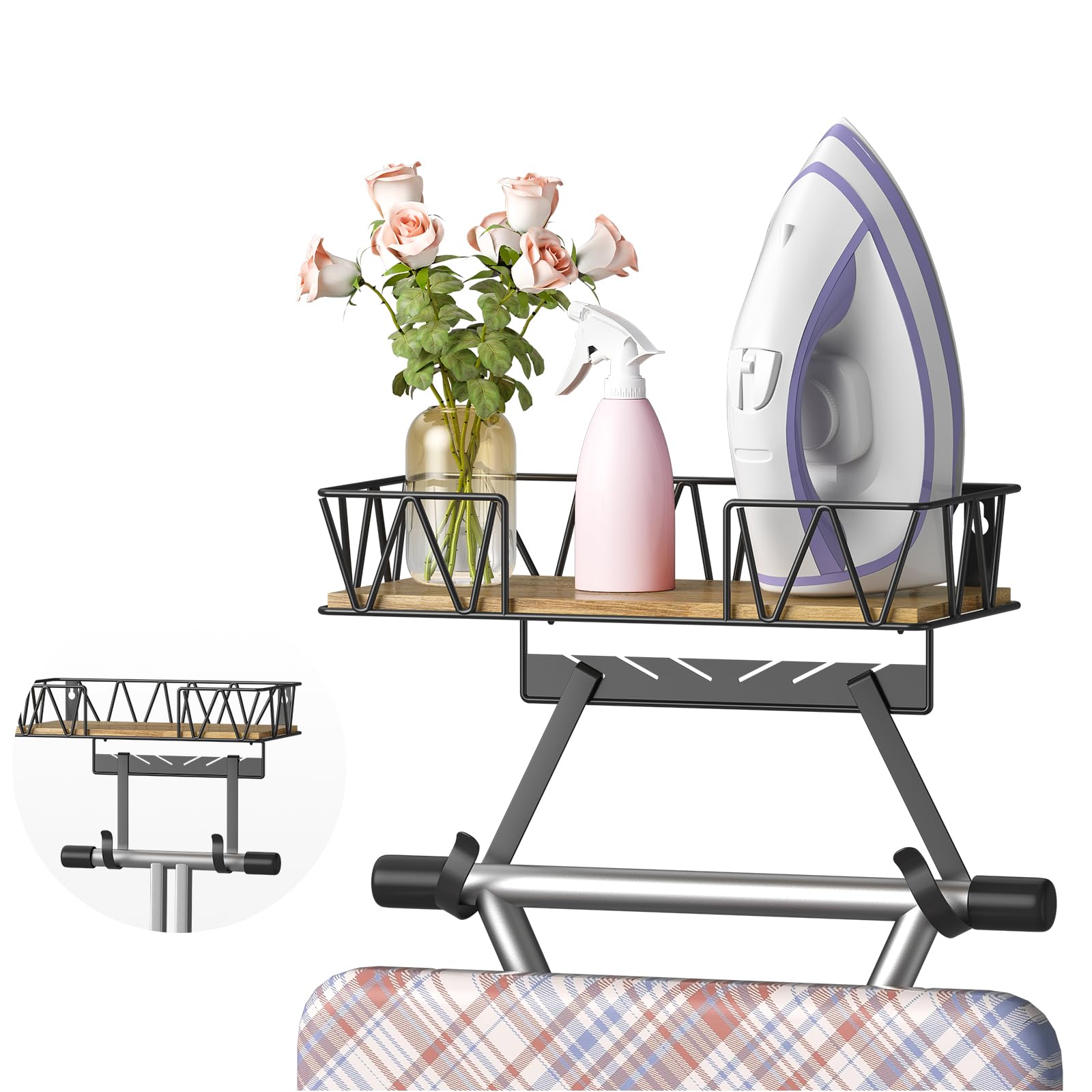 Tohomes Ironing Board Hanger Wall Mount, T& V Iron and Ironing Board Holder for Laundry Room, Iron Board Wall Mount with Large Storage Wooden Base Basket and Removable Hooks