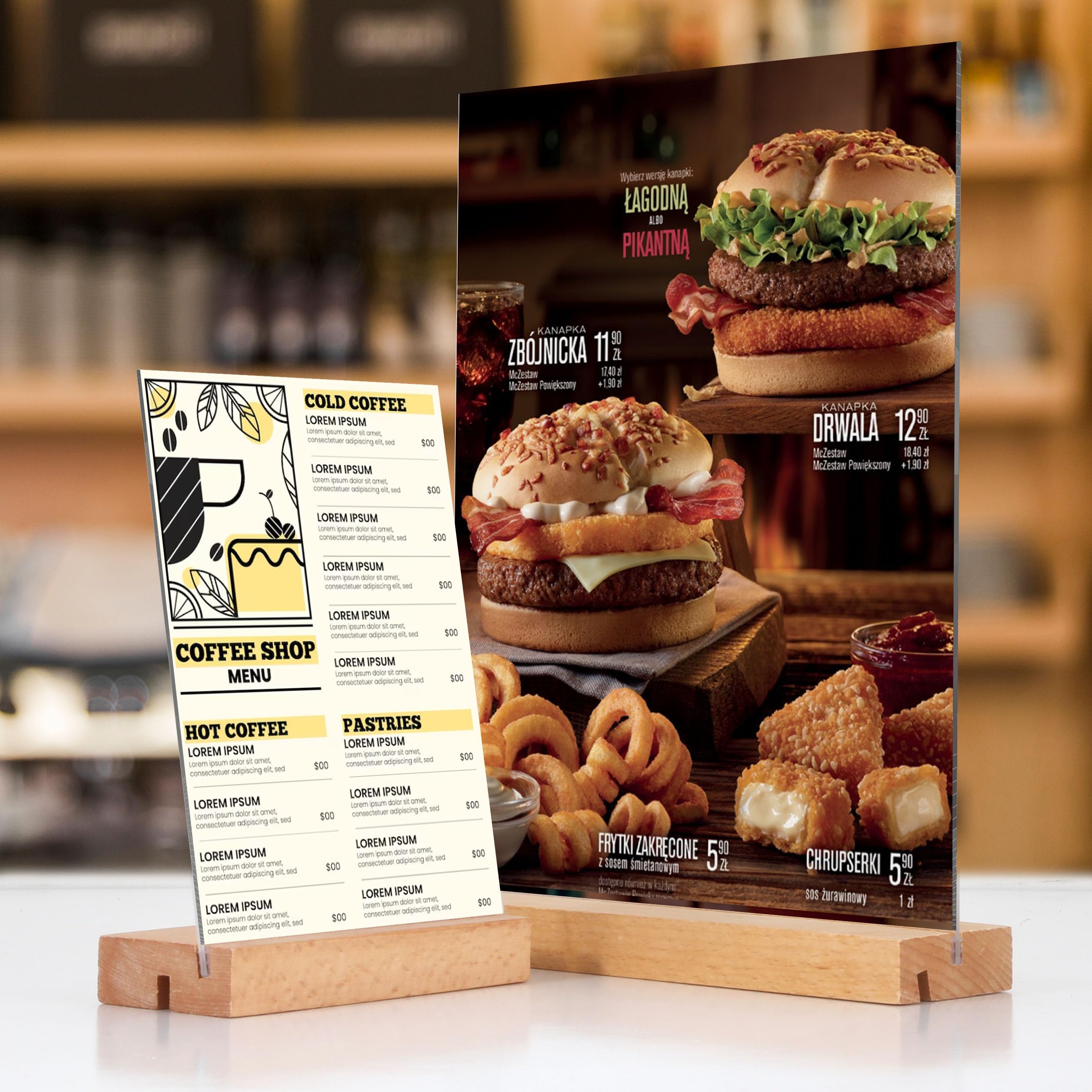 newnewshow Acrylic Sign Holder with Wood Base Wood Sign Holder Vertical or Slant Back Display for Store Office (5x7 L/T)