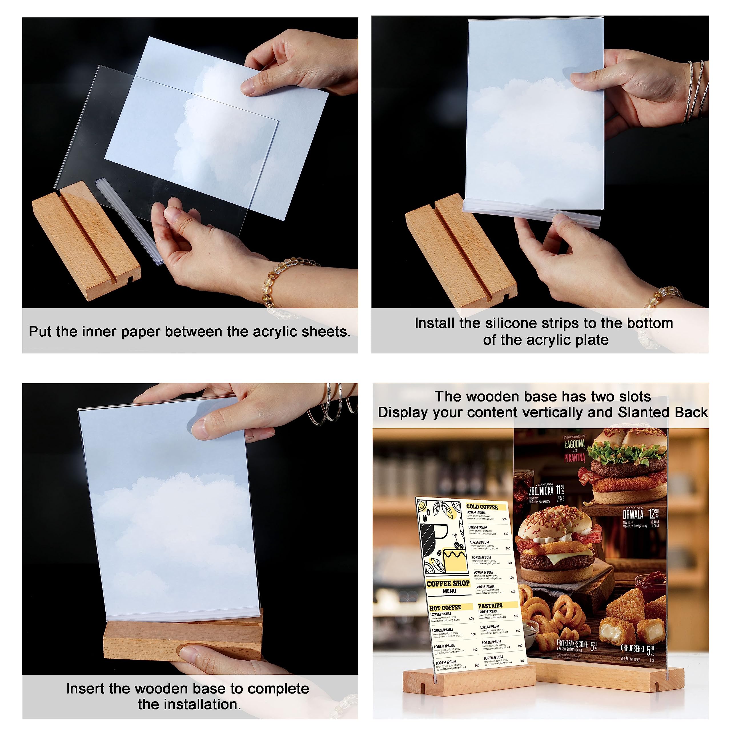 newnewshow Acrylic Sign Holder with Wood Base Wood Sign Holder Vertical or Slant Back Display for Store Office (5x7 L/T)