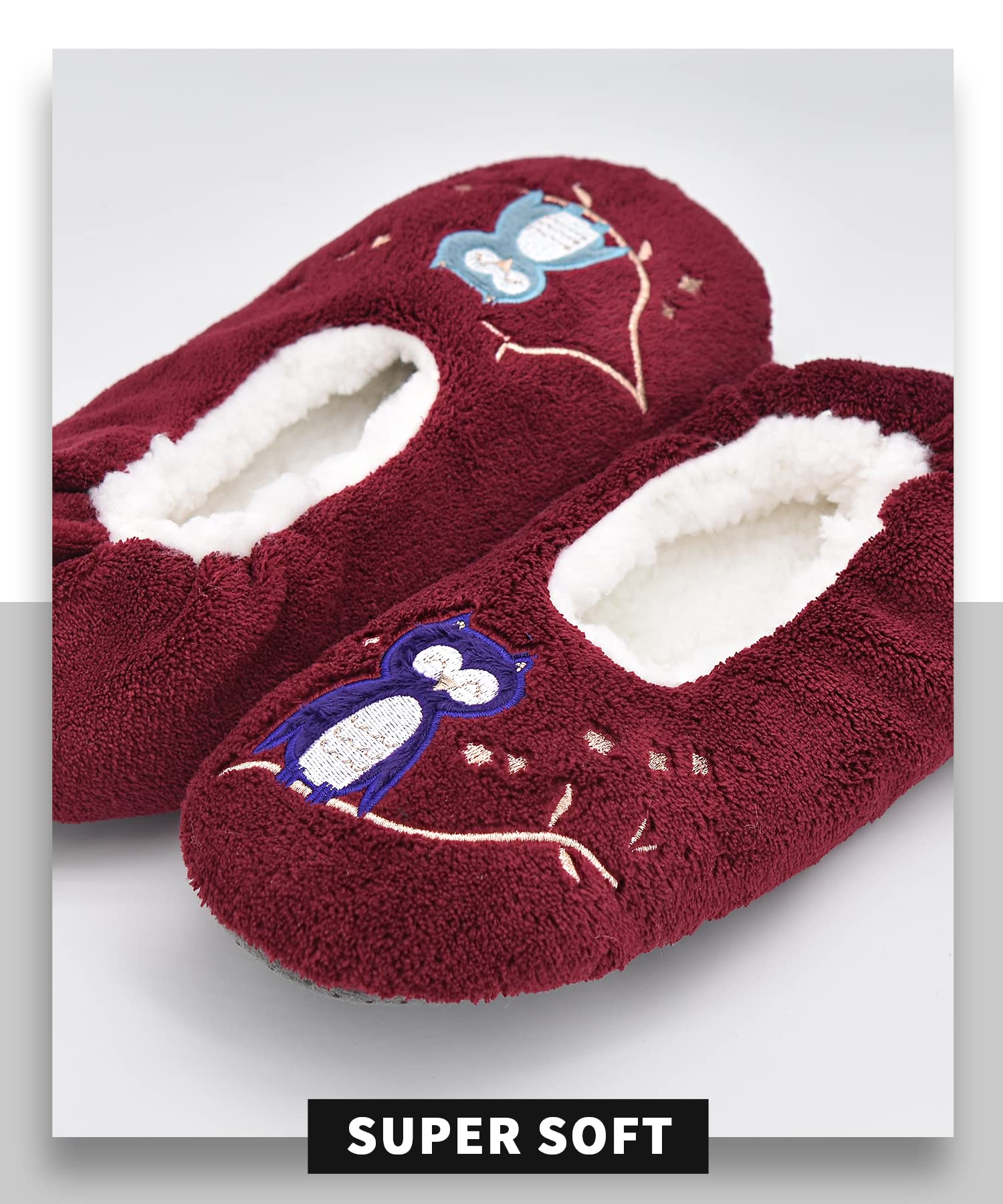 DICUIRD Womens Cozy&Warm Soft Sole Slipper Socks with Grippers-Fuzzy Fleece Lined House Slippers with Non-skid Bottoms (Wine Owl, 8-10)