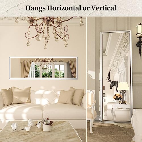 Silver Bathroom Mirror for Over Sink: 65 x 22 Inch Brushed Nickel Bathroom Wall Mirror - Modern Farmhouse Framed Vanity Mirror Hangs Horizontal or Vertical Shatterproof