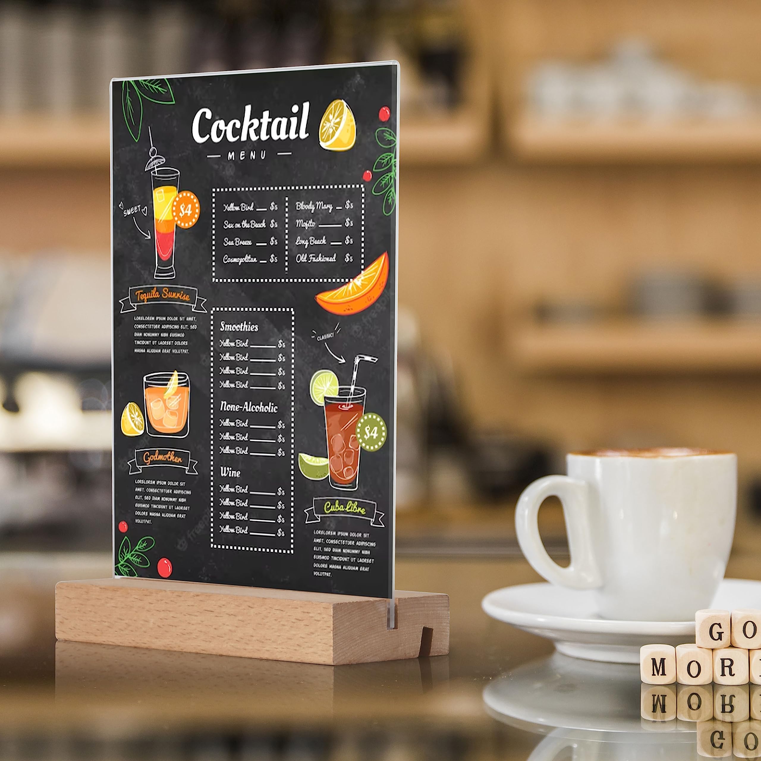 newnewshow Acrylic Sign Holder with Wood Base Wood Sign Holder Vertical or Slant Back Display for Store Office (5x7 L/T)