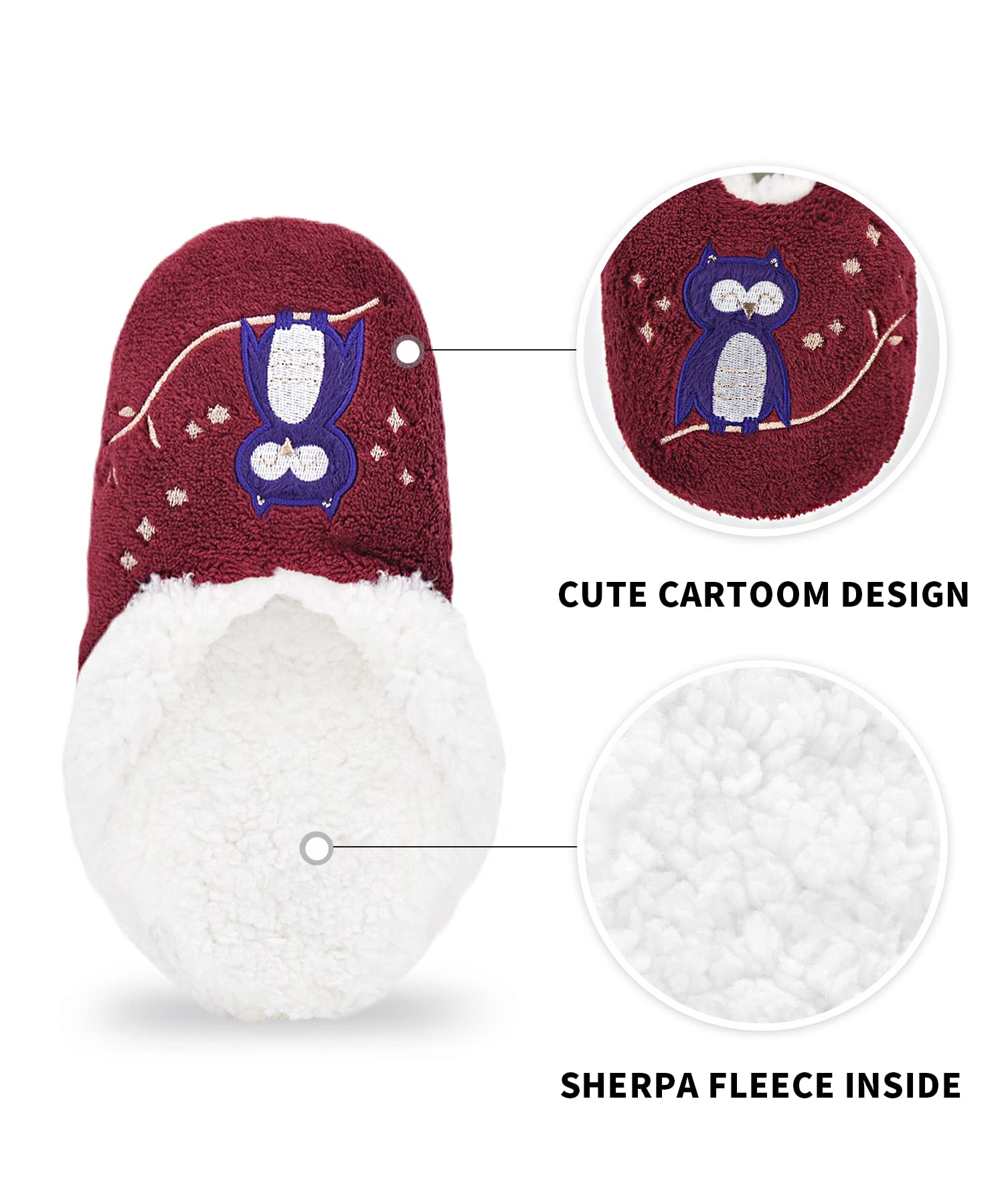 DICUIRD Womens Cozy&Warm Soft Sole Slipper Socks with Grippers-Fuzzy Fleece Lined House Slippers with Non-skid Bottoms (Wine Owl, 8-10)
