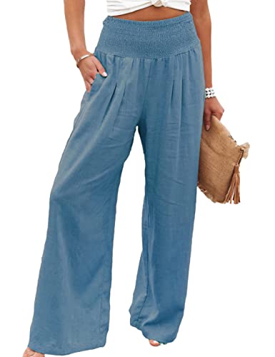 Zontroldy Cotton Linen Wide Leg Pants for Women Casual Elastic High Waist Smocked Palazzo Lounge Pants(0718-DenimBlue-XL)