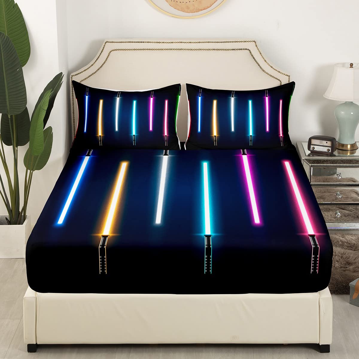 Colorful Lightsaber Sheet Set Twin Size Lightsaber Bed Set for Teens Bedroom Decor Kids Colorful Neon Fitted Sheet Soft Microfiber Modern Cool Bed Cover 1 Fitted Sheet+1 Pillow Caseļ¼No Flat Sheetļ¼