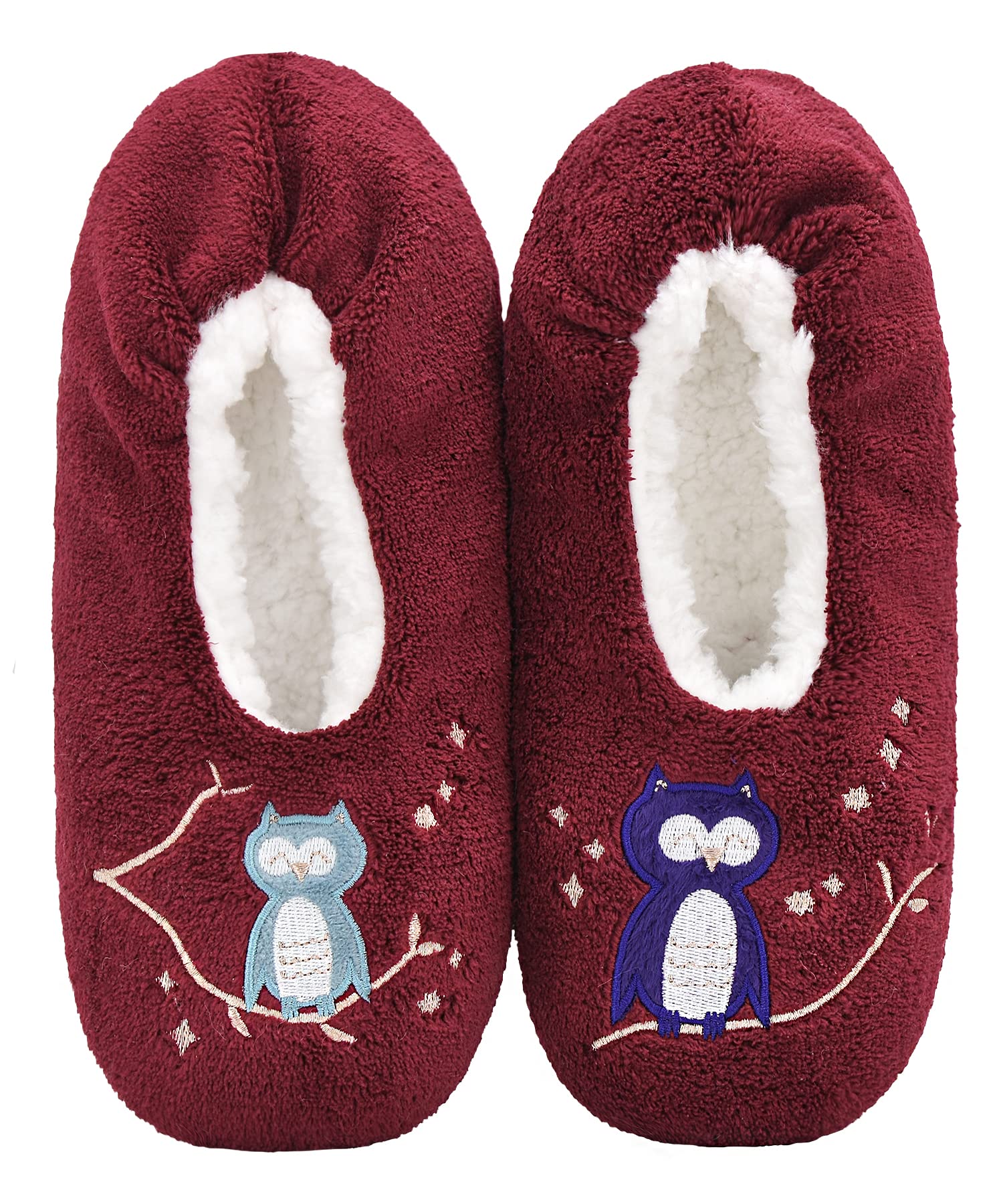 DICUIRD Womens Cozy&Warm Soft Sole Slipper Socks with Grippers-Fuzzy Fleece Lined House Slippers with Non-skid Bottoms (Wine Owl, 8-10)