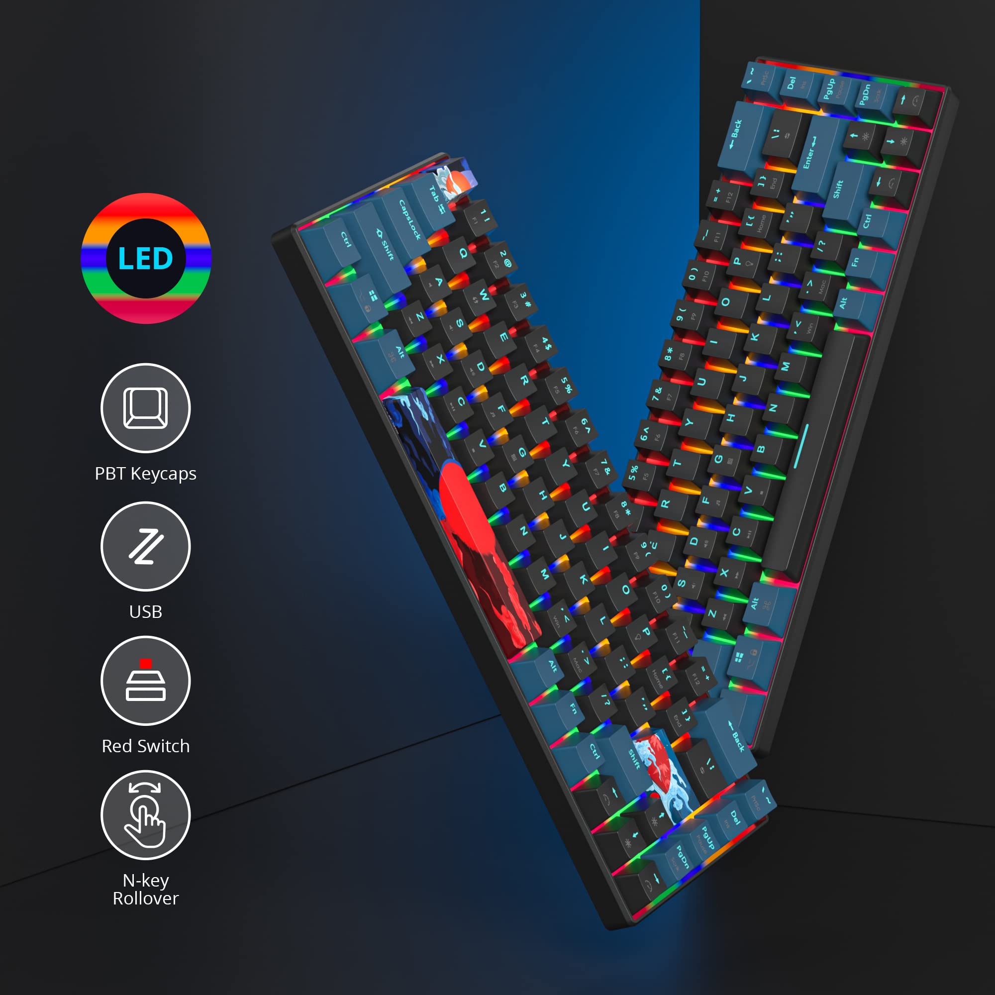 Mosptnspg Protable 60% Percent Gaming Keyboard Mechanical, Mini Compact RGB Backlit 68 Keys Wired Office Keyboard with Red Switch for Mac/Win (Monstor Black/red Switch 68)