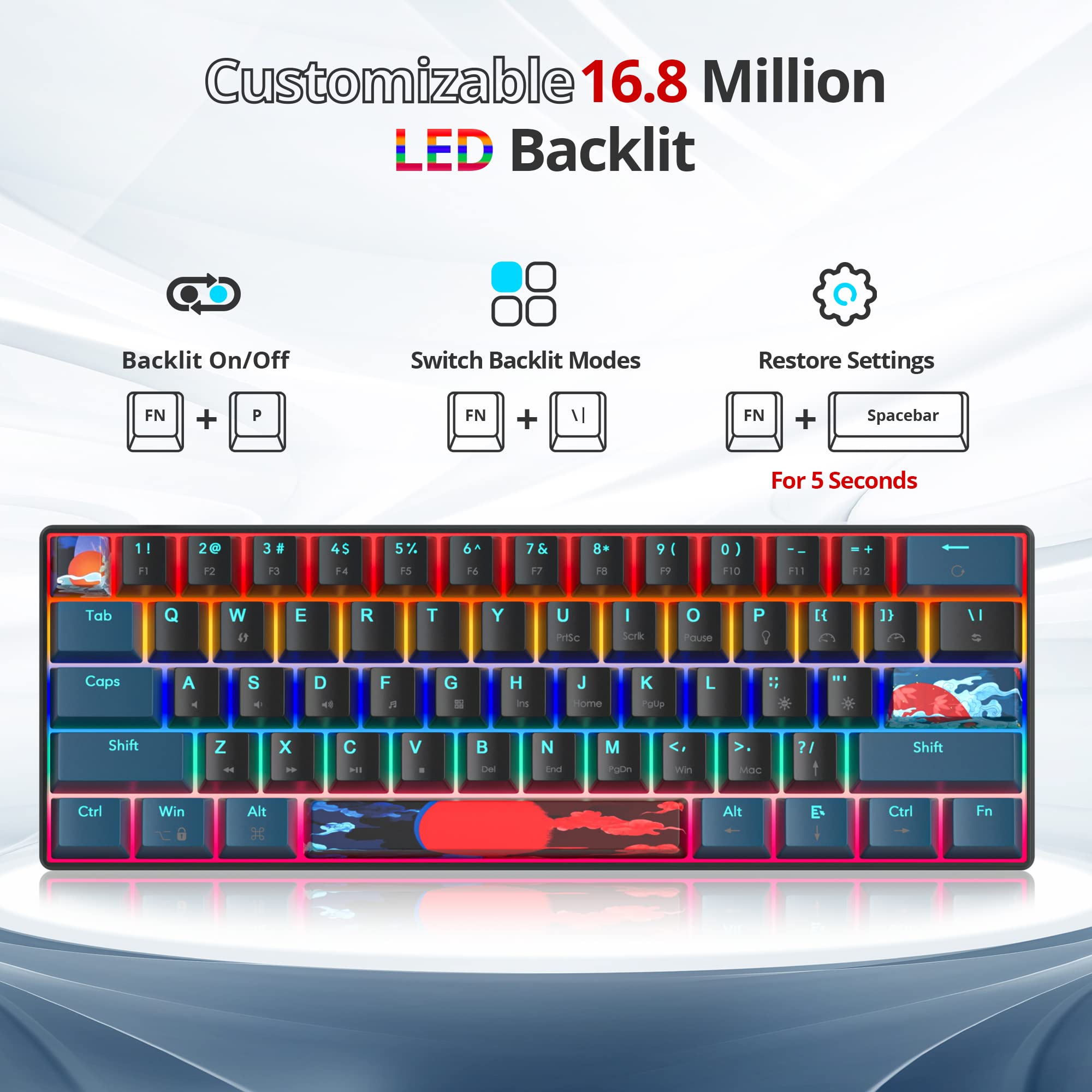 Mosptnspg Protable 60% Percent Gaming Keyboard Mechanical, Mini Compact RGB Backlit 61 Keys Wired Office Keyboard with Red Switch for Mac/Win (Monstor Black/red Switch 61)