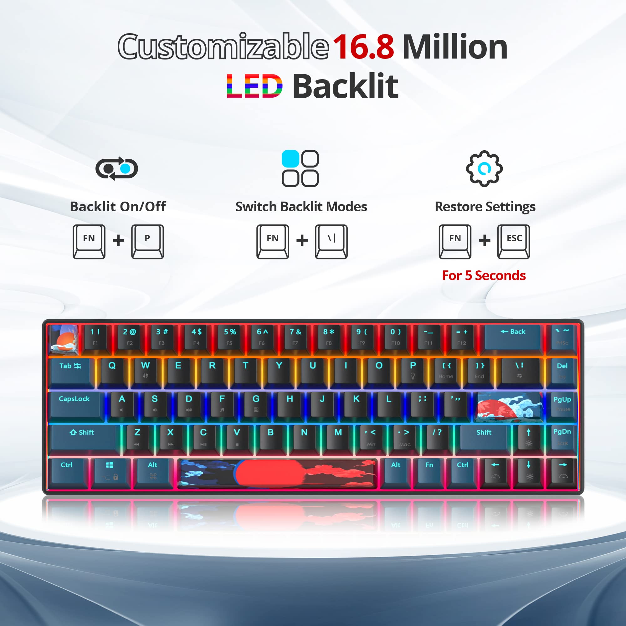 Mosptnspg Protable 60% Percent Gaming Keyboard Mechanical, Mini Compact RGB Backlit 68 Keys Wired Office Keyboard with Red Switch for Mac/Win (Monstor Black/red Switch 68)