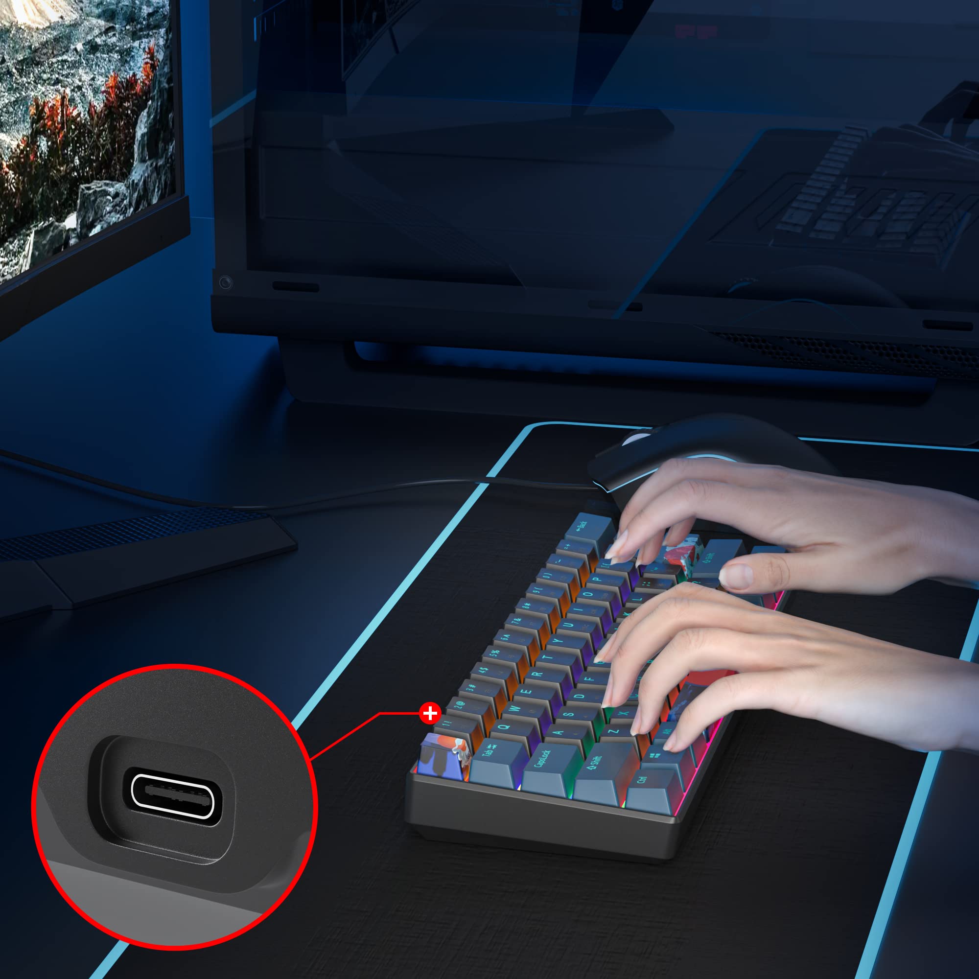 Mosptnspg Protable 60% Percent Gaming Keyboard Mechanical, Mini Compact RGB Backlit 61 Keys Wired Office Keyboard with Red Switch for Mac/Win (Monstor Black/red Switch 61)