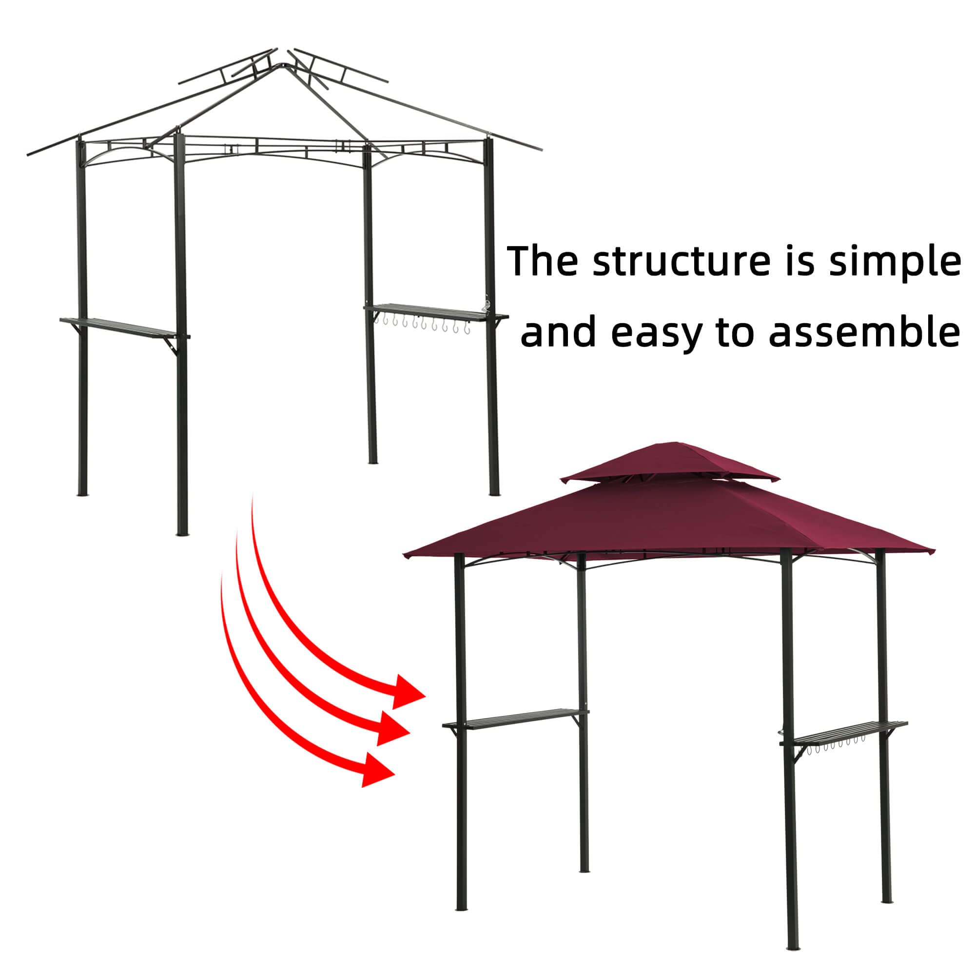 8'x 5' Grill Gazebo Canopy - Outdoor BBQ Gazebo Shelter with Hook and Bar Counters, Steel Frame Double Tier Soft Top Canopy, Red
