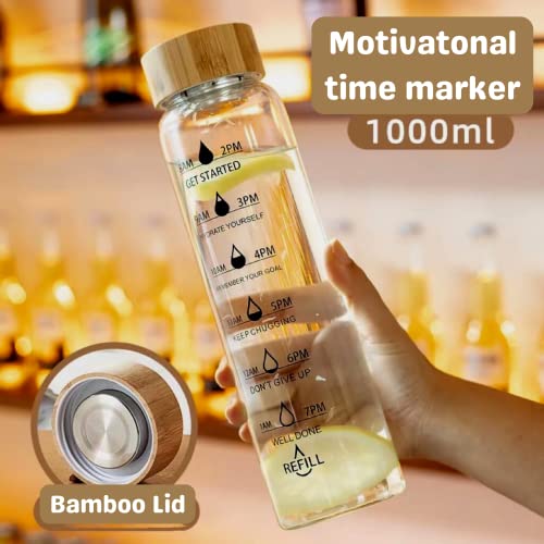HOLABEAR 32oz Glass Motivational Daily Water Intake Bottle with Time Marker, Leakproof Bamboo Lid and Holder Sleeves, for Hot and Cold Drinks, Clear Reusable BPA Free