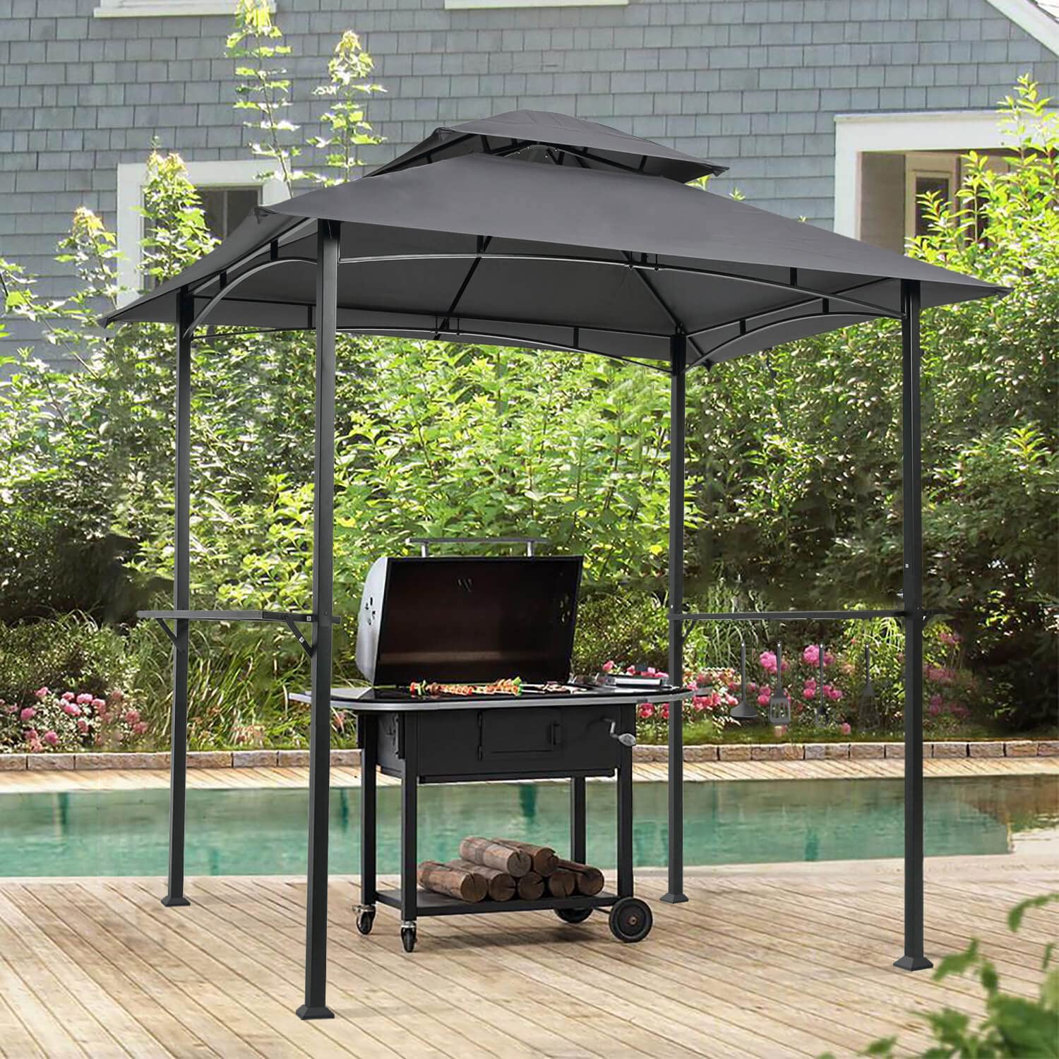 8'x 5' Grill Gazebo Canopy - Outdoor BBQ Gazebo Shelter with Hook and Bar Counters, Steel Frame Double Tier Soft Top Canopy, Grey