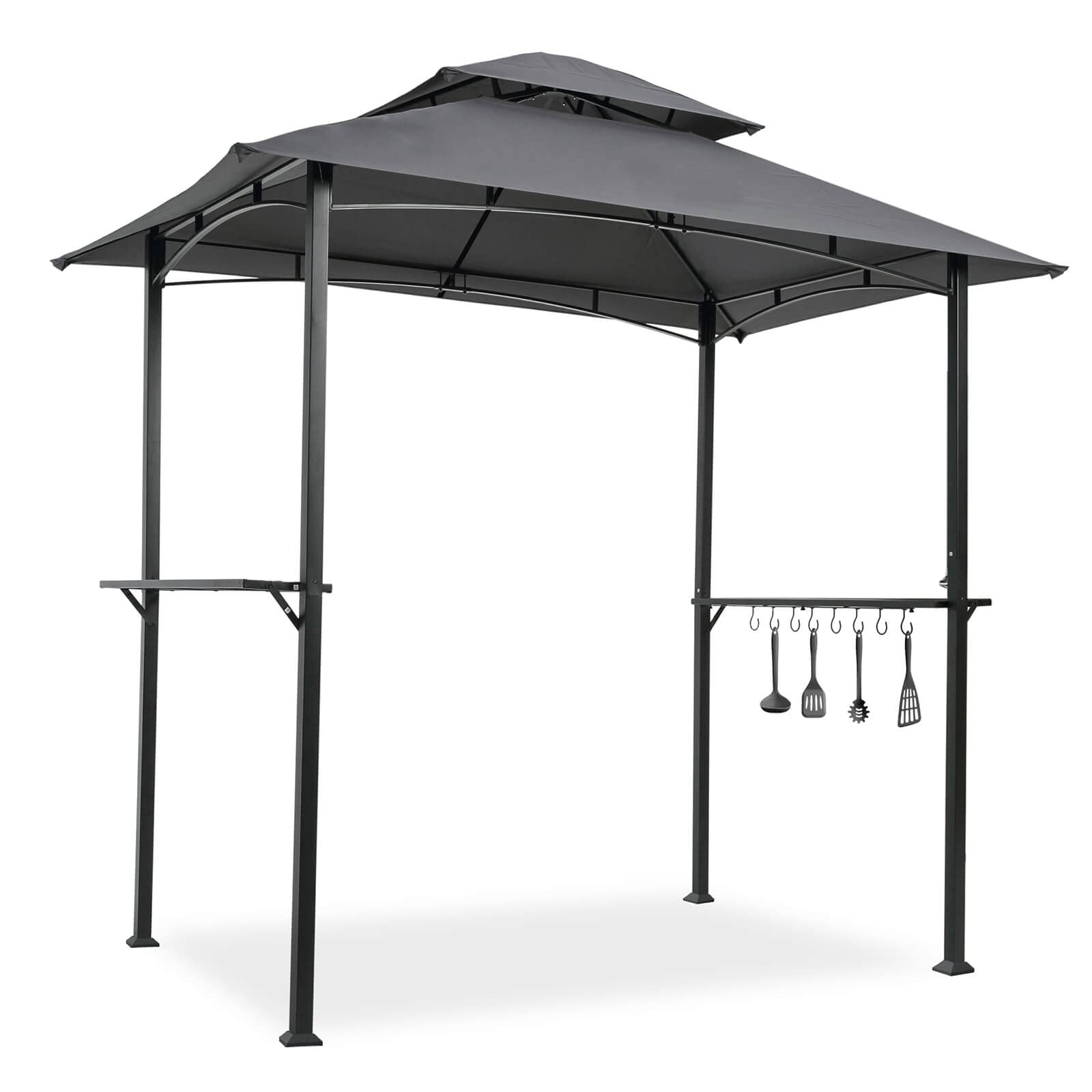 8'x 5' Grill Gazebo Canopy - Outdoor BBQ Gazebo Shelter with Hook and Bar Counters, Steel Frame Double Tier Soft Top Canopy, Grey