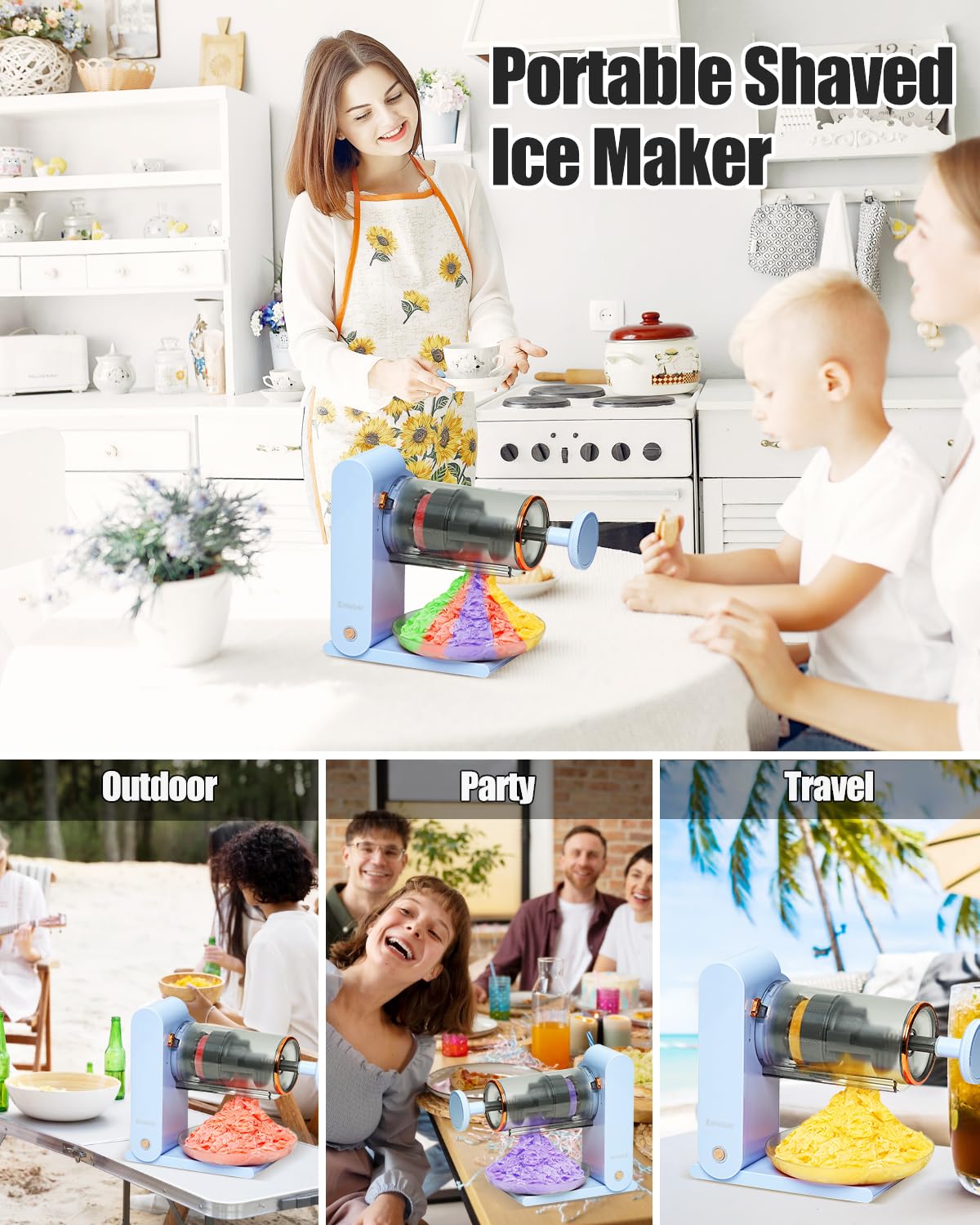 Shaved Ice Snow Cone Machine - Slushie Machine with 2 Reusable Plastic Ice Mold and Stainless Steel Blades,Kitchen Electric Cocktail Margarita TableTop Ice Crusher(Blue)