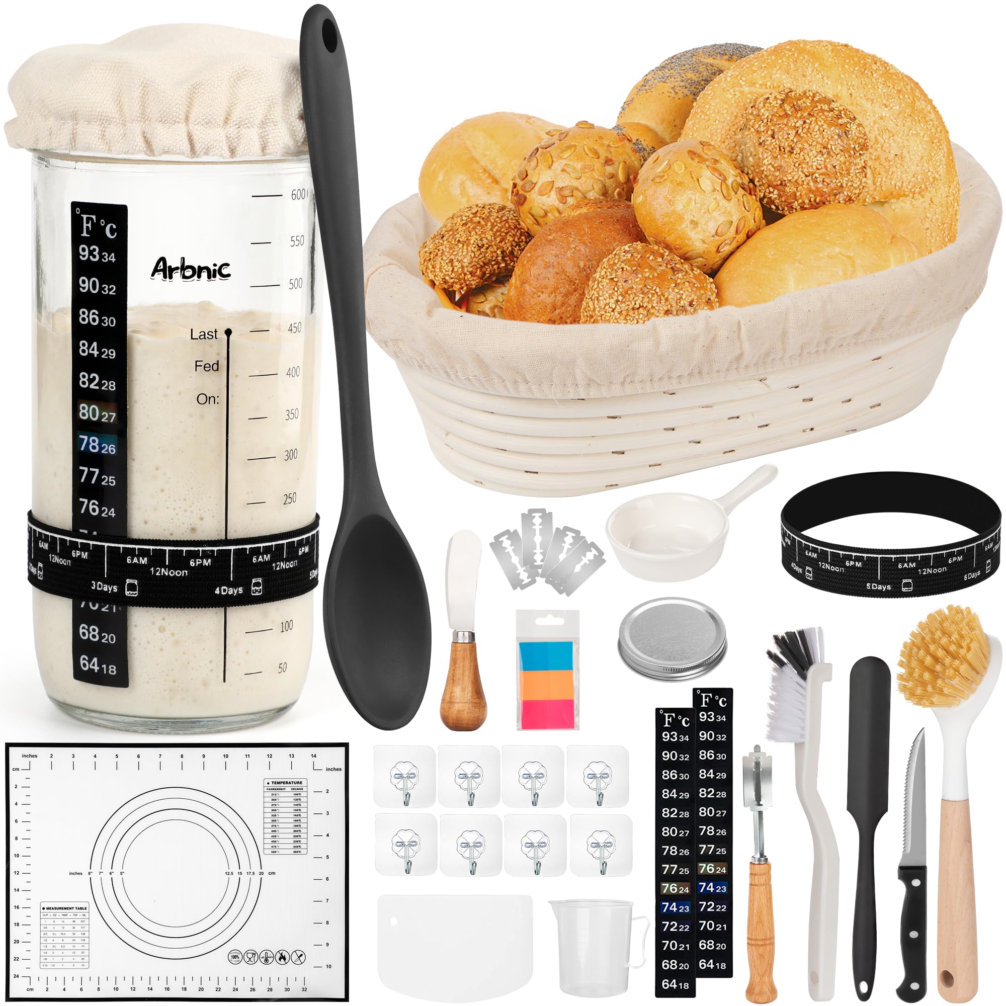 Sourdough Starter Kit Sourdough Bread Baking Supplies with Banneton Bread Proofing Basket，Gifts for Bakers(with 1 Jar)