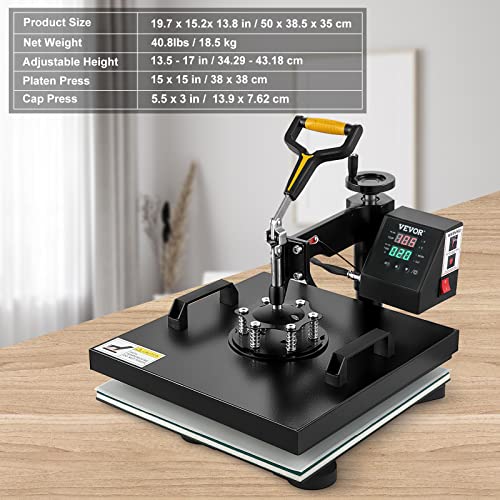 VEVOR Heat Press Machine, 15x15in 2in1, Clamshell Sublimation Transfer Printer with Teflon Coated, Digital Precise Heat Control, Powerpress for T-Shirts Hats Caps