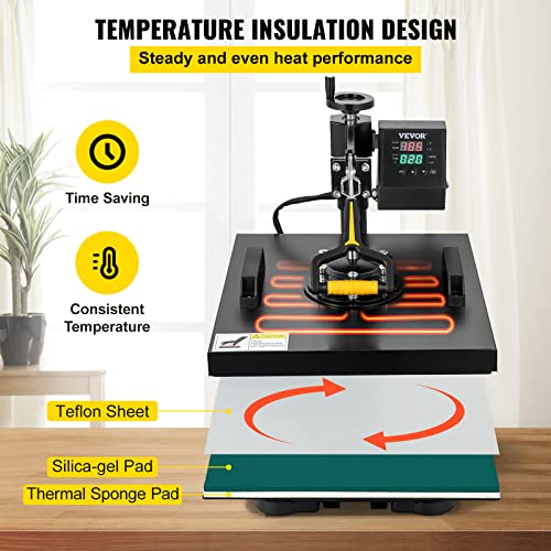 VEVOR Heat Press Machine, 15x15in 2in1, Clamshell Sublimation Transfer Printer with Teflon Coated, Digital Precise Heat Control, Powerpress for T-Shirts Hats Caps