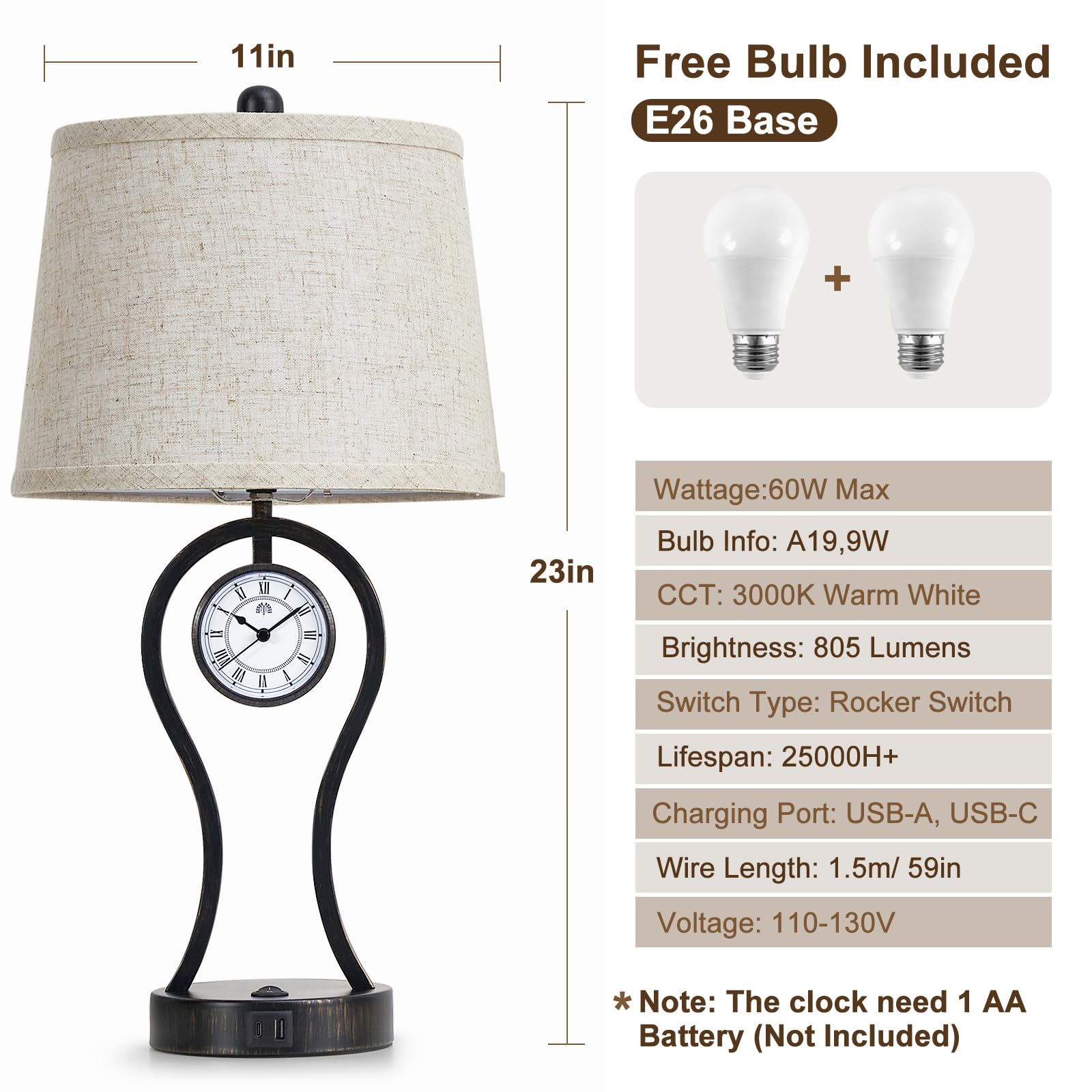 Luvkczc Vintage Clock Lamp, Black Metal with USB Charging Ports, LED Bulbs Included, 3-Year Warranty