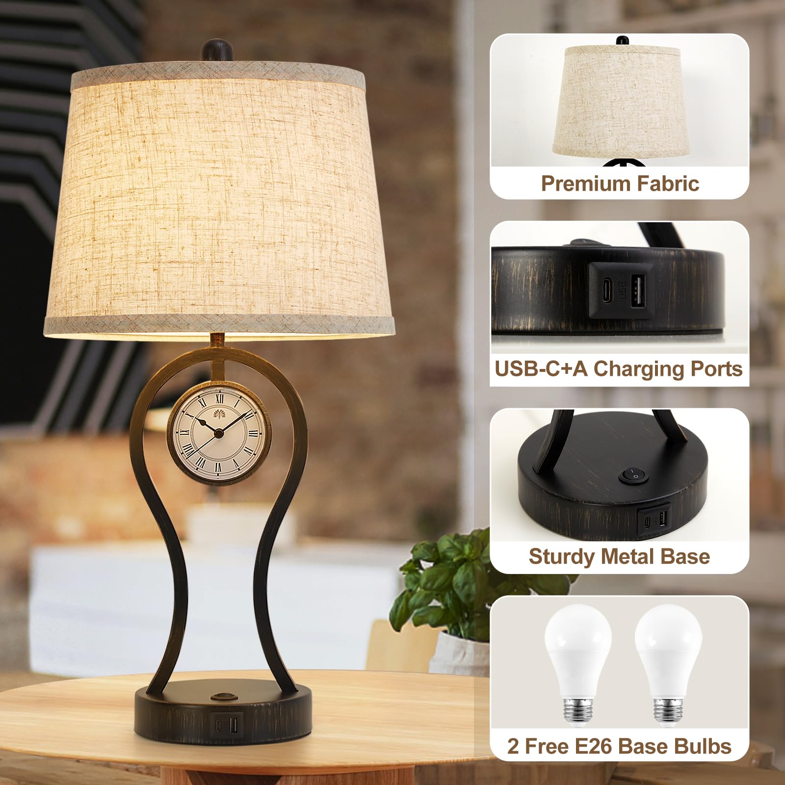 Luvkczc Vintage Clock Lamp, Black Metal with USB Charging Ports, LED Bulbs Included, 3-Year Warranty