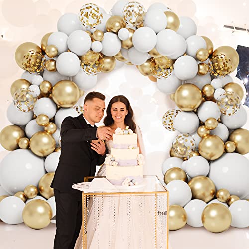 RUBFAC 104pcs Gold and White Balloons Garland Arch Kit with Gold Confetti Balloons for Baptism Wedding Birthday Party Decoration