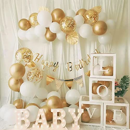 RUBFAC 104pcs Gold and White Balloons Garland Arch Kit with Gold Confetti Balloons for Baptism Wedding Birthday Party Decoration