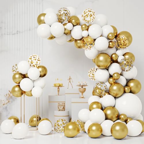 RUBFAC 104pcs Gold and White Balloons Garland Arch Kit with Gold Confetti Balloons for Baptism Wedding Birthday Party Decoration