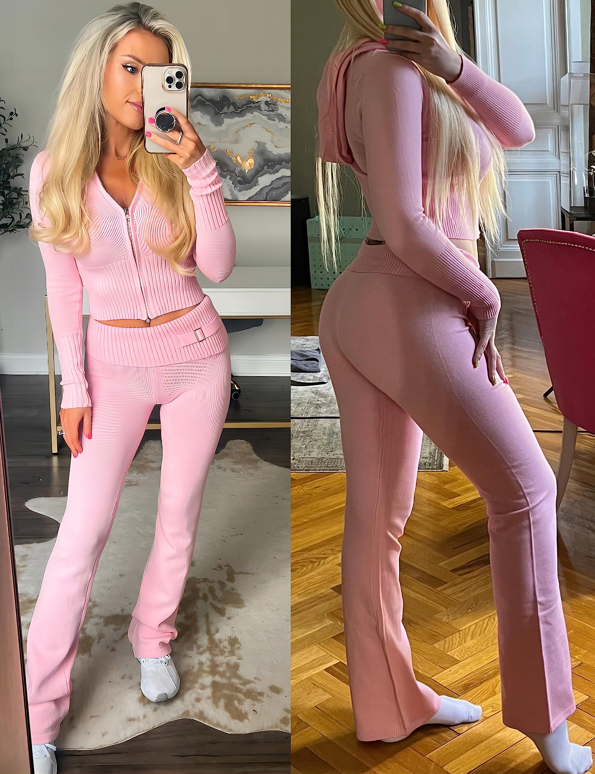 Springrain Women Sweater Sets 2 Piece Lounge Sets Ribbed Zip Hoodie Knitted Outfits(Pink-S)