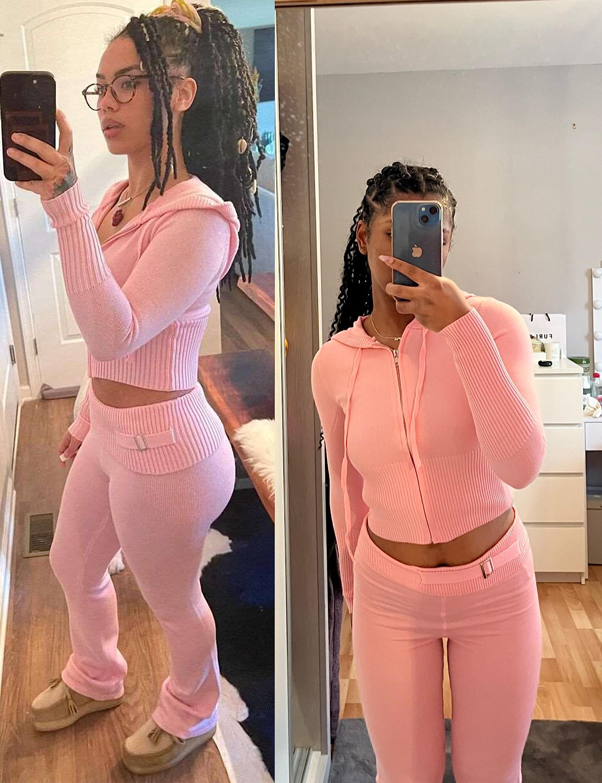 Springrain Women Sweater Sets 2 Piece Lounge Sets Ribbed Zip Hoodie Knitted Outfits(Pink-S)