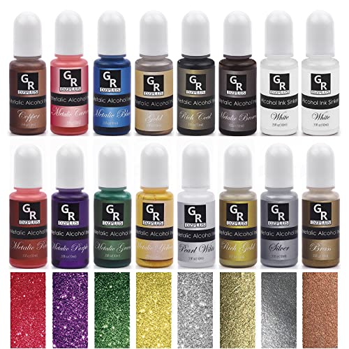 GR Metallic Alcohol Ink Set -16 Metallic Colors Alcohol Based Ink for Resin Art, Fluid Art,Resin Craft,Resin Petri Dishļ¼Alcohol Ink Paint for Yupo,Tumbler