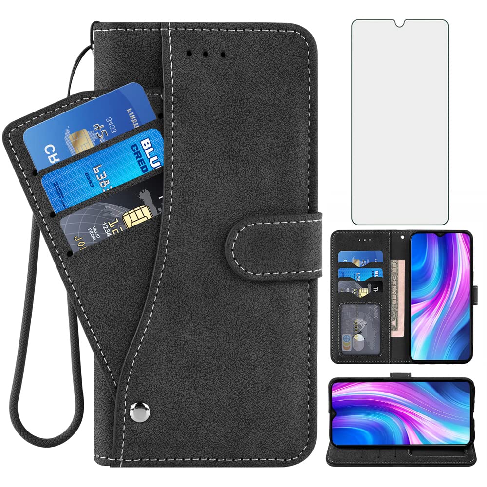 Asuwish Compatible with Xiaomi Redmi Note 8 Pro Wallet Case and Tempered Glass Screen Protector Flip Credit Card Holder Stand Lanyard Cell Accessories Phone Cover for Redme Note8 8pro Women Men Black
