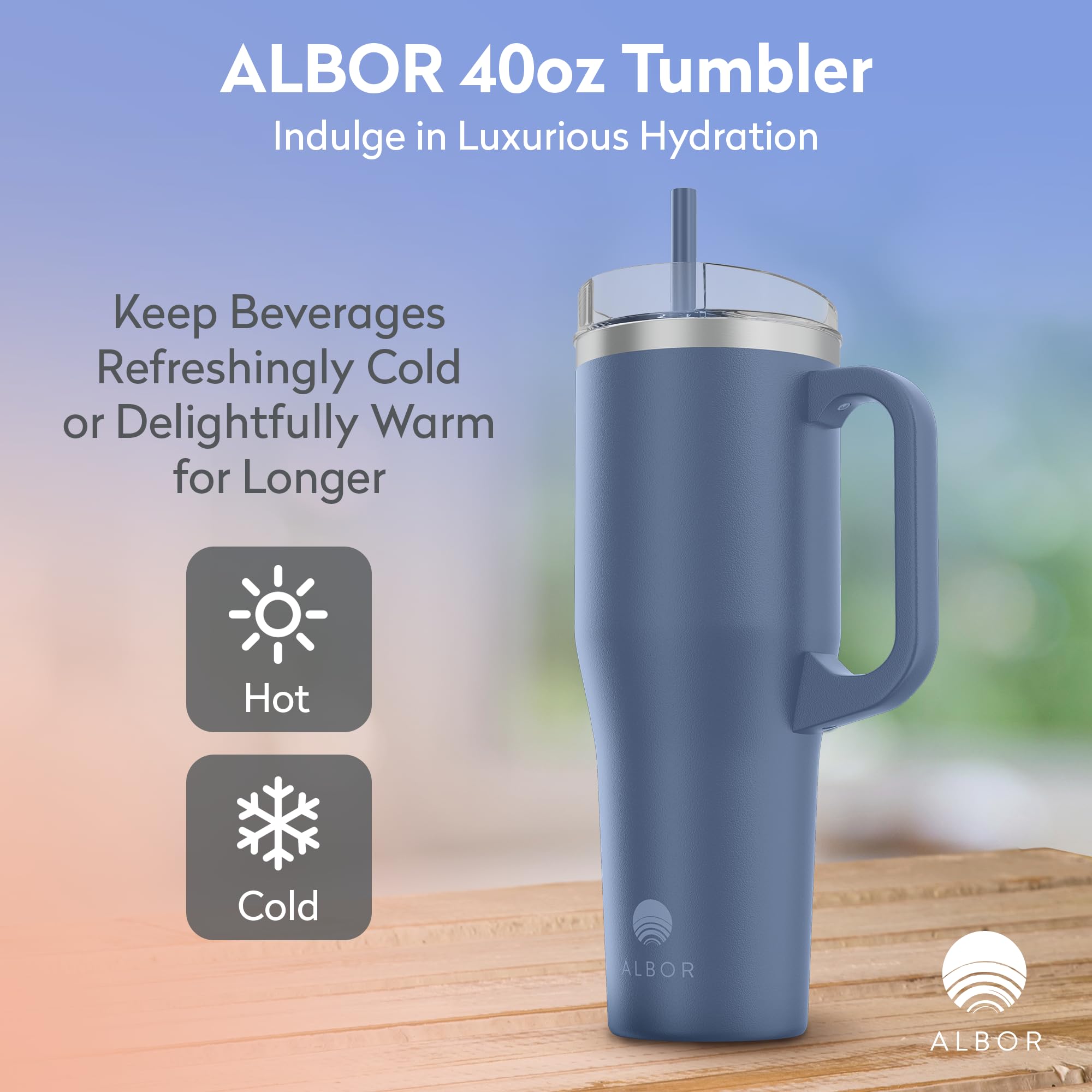 ALBOR 40 oz Tumbler With Lid and Straw, Leak Proof Durable Stainless Steel Insulated Tumbler With Handle, Spill Proof Water Bottles With Straw (Blue, 40 oz)