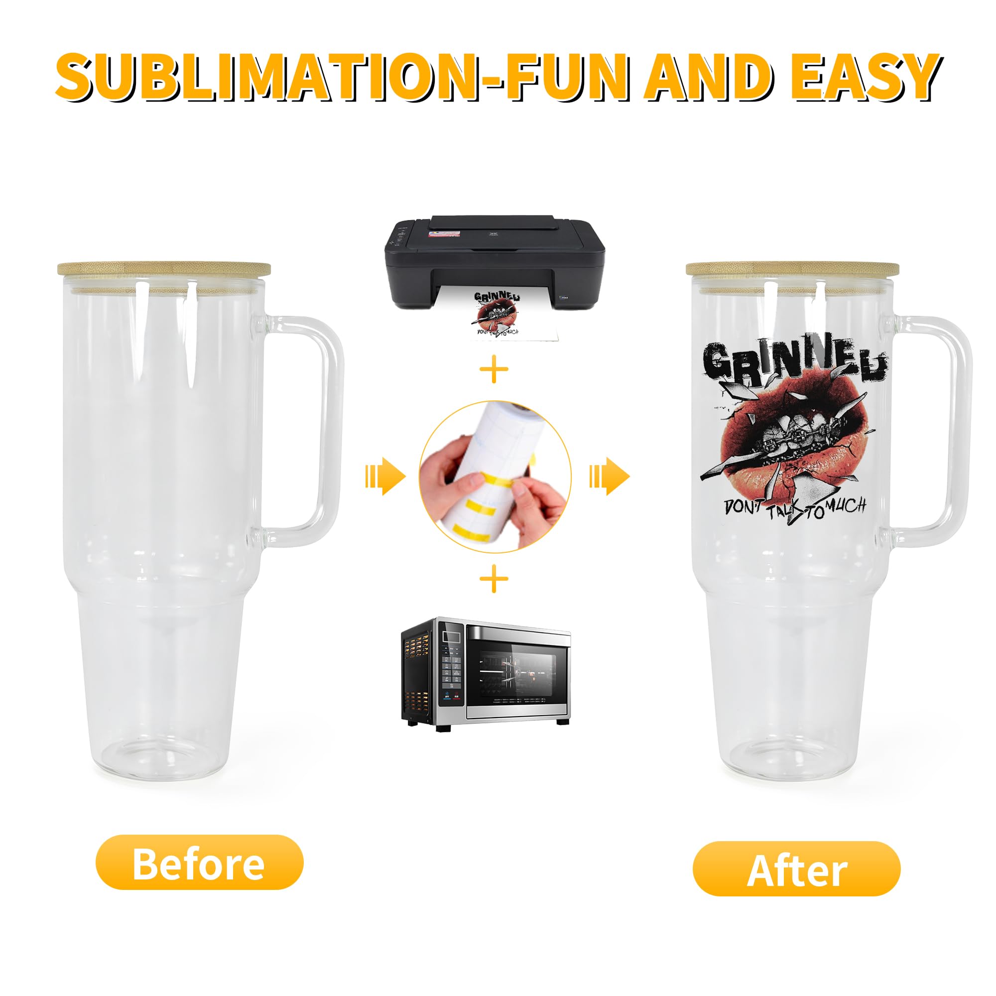 AGH 40oz Sublimation Glass Tumbler with Handle, 4pcs Clear Sublimation Glass Cups Blanks with Bamboo Lid & Plastic Straw, Reusable Iced Coffee Cup Fits in Car Cup Holder