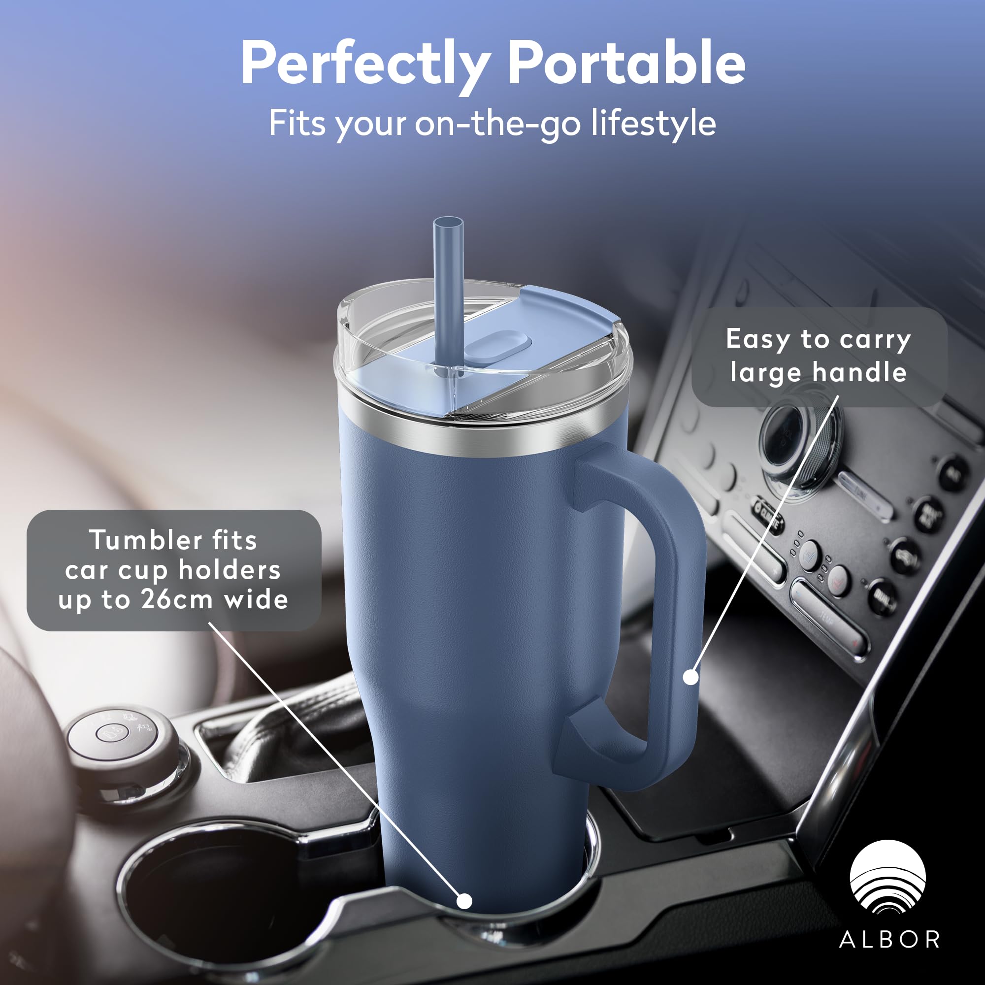 ALBOR 40 oz Tumbler With Lid and Straw, Leak Proof Durable Stainless Steel Insulated Tumbler With Handle, Spill Proof Water Bottles With Straw (Blue, 40 oz)