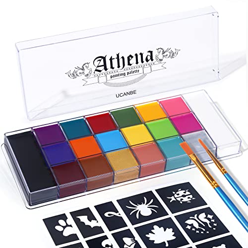 UCANBE Oil Based Face Body Painting Kit - Large Deep Pan, 20 Vivid Color SFX Makeup Paint with 24 Stencils & 2pcs Brushes, Professional Makeup Palette for Art, Theater, Halloween, Parties and Cosplay