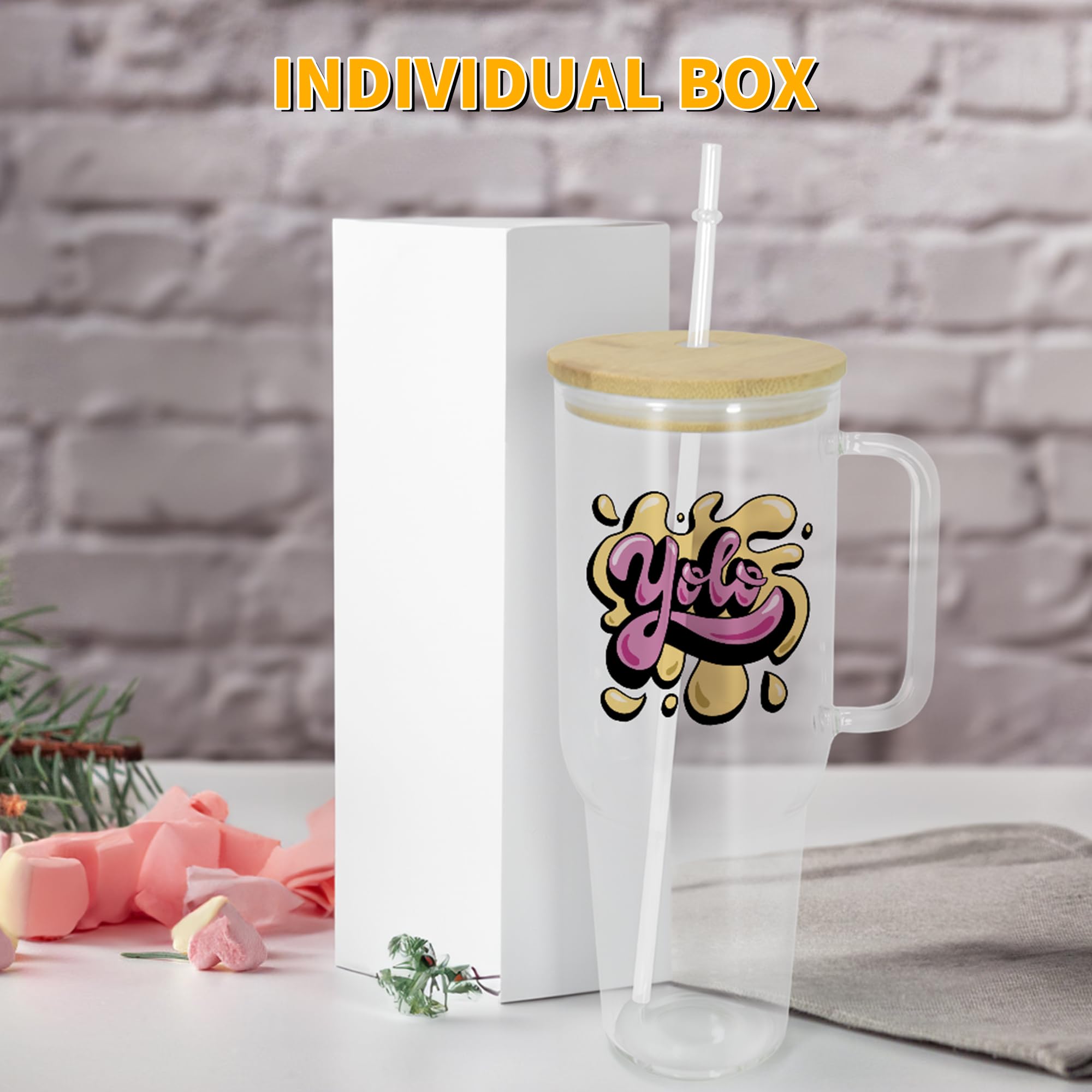 AGH 40oz Sublimation Glass Tumbler with Handle, 4pcs Clear Sublimation Glass Cups Blanks with Bamboo Lid & Plastic Straw, Reusable Iced Coffee Cup Fits in Car Cup Holder