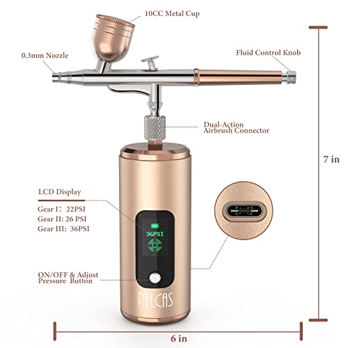 PELCAS Cordless Airbrush Kit with Compressor LCD Display, Rechargeable 36PSI Airbrush Gun, Handheld Airbrush Machine for Nails Art, Painting, Barber, Cake Decor, Cookie, Mode, Tattoo