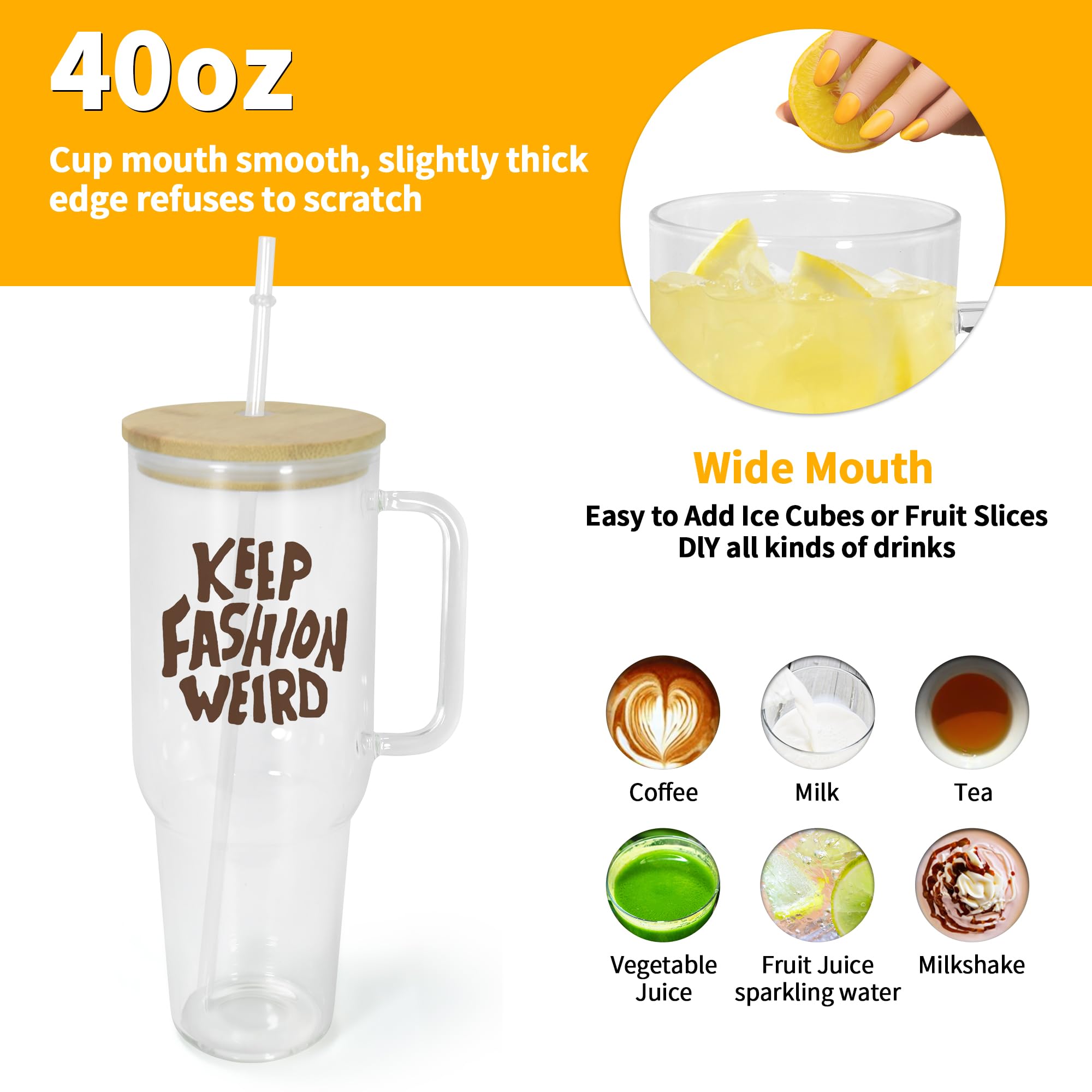 AGH 40oz Sublimation Glass Tumbler with Handle, 4pcs Clear Sublimation Glass Cups Blanks with Bamboo Lid & Plastic Straw, Reusable Iced Coffee Cup Fits in Car Cup Holder
