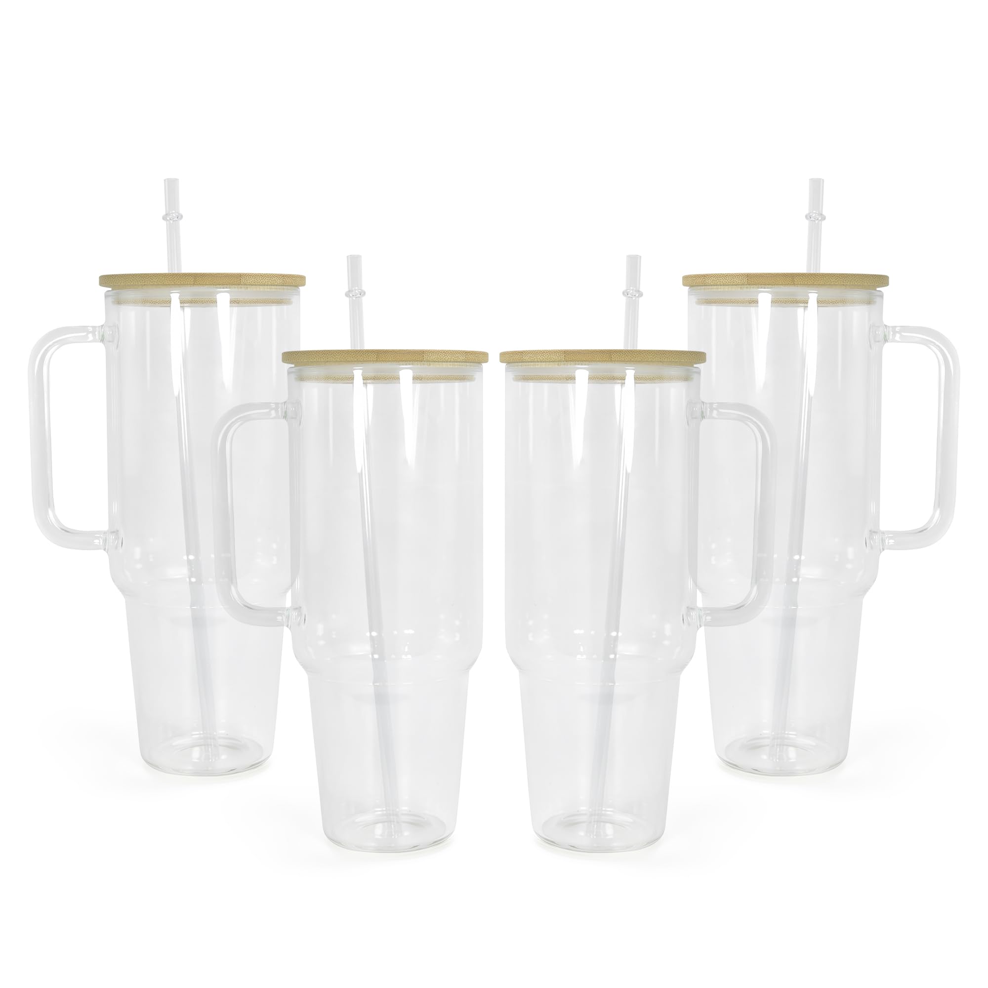 AGH 40oz Sublimation Glass Tumbler with Handle, 4pcs Clear Sublimation Glass Cups Blanks with Bamboo Lid & Plastic Straw, Reusable Iced Coffee Cup Fits in Car Cup Holder