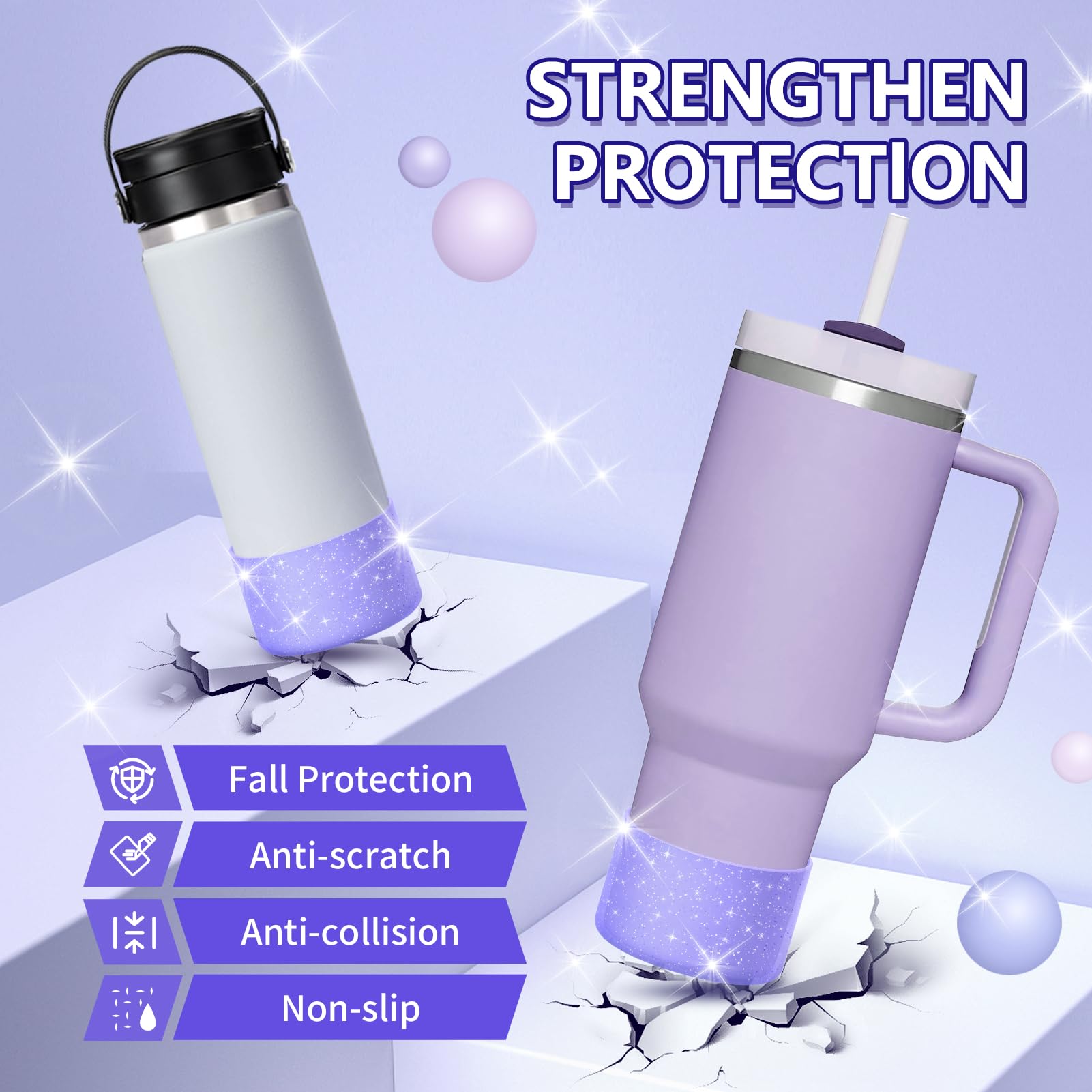 WUQID Protective Bling Silicone Boot Sleeve, Compatible with Stanley Tumbler 20-40oz & Hydro Flask Bottle 12oz-24oz, Glitter Reduces Dents Sleeve Cover for More Bottles/Tumblers Bottom of 2.83-2.95in
