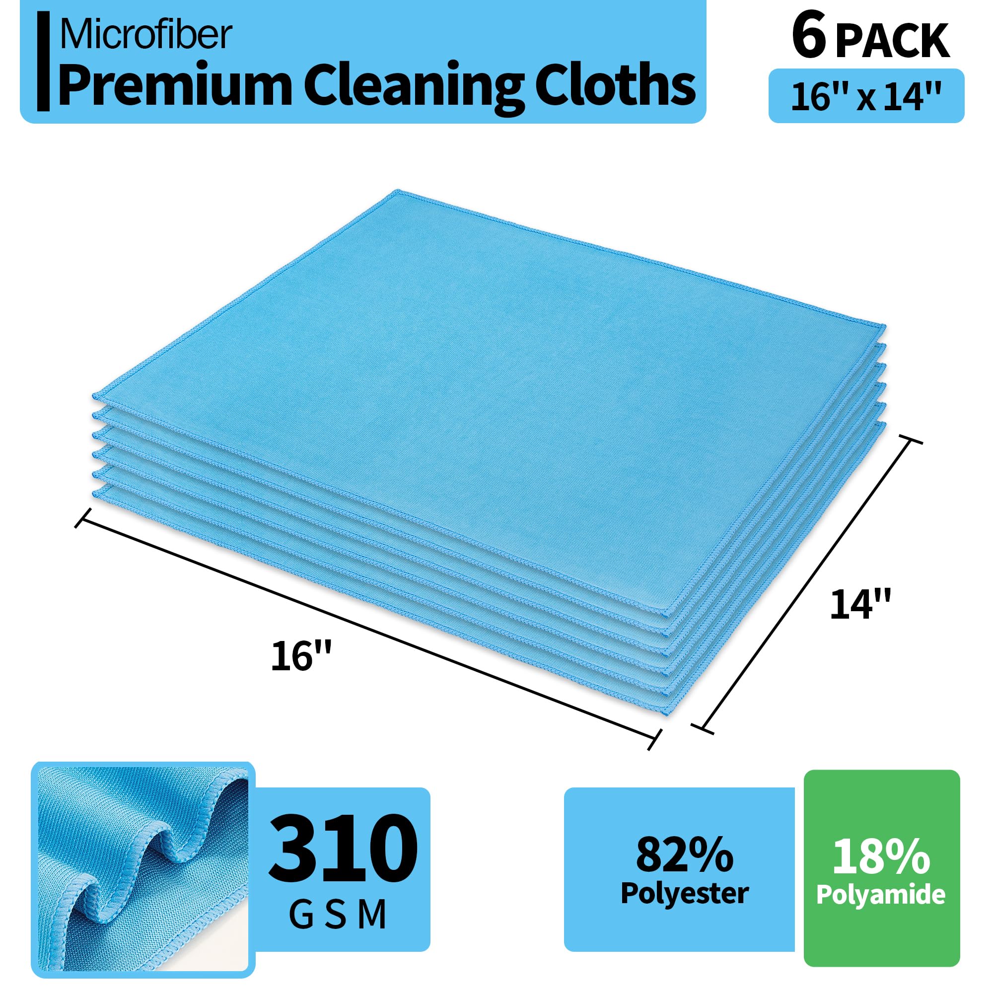 HOMERHYME Microfiber Glass Cleaning Cloth, 6 Pack Window Cleaning Cloth Glass Cleaning Towels, Reusable Lint Free Microfiber Towels for Glasses,Screens,Mirrors,Windshields & Stainless Steel,16"x14"